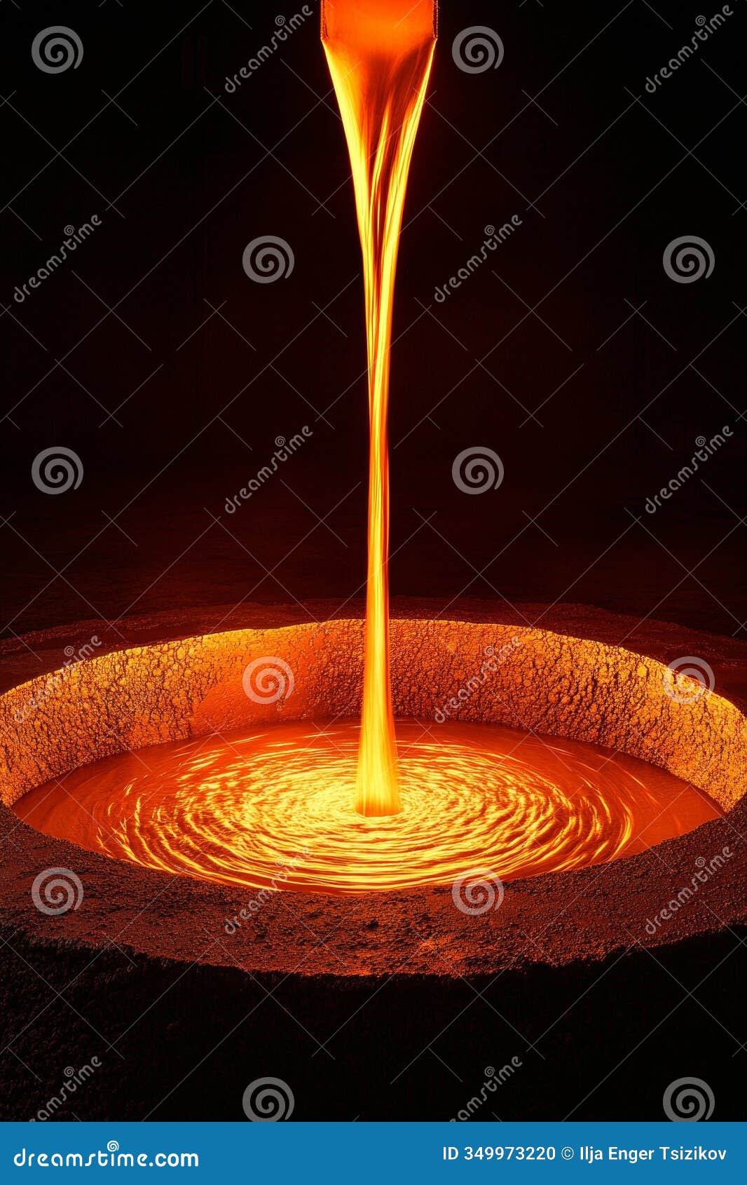 Molten Metal Pour Liquid Fire Flows into Foundry Mold, Igniting ...