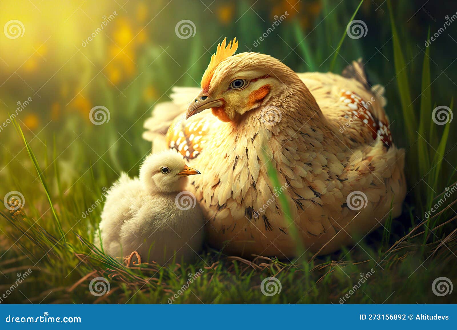 Mom Chicken with Chicks Sits and Basks in Sun on Grass Stock ...