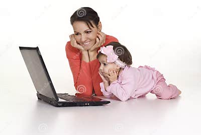 Mom with Daughter and Computer Stock Photo - Image of pink, computer ...