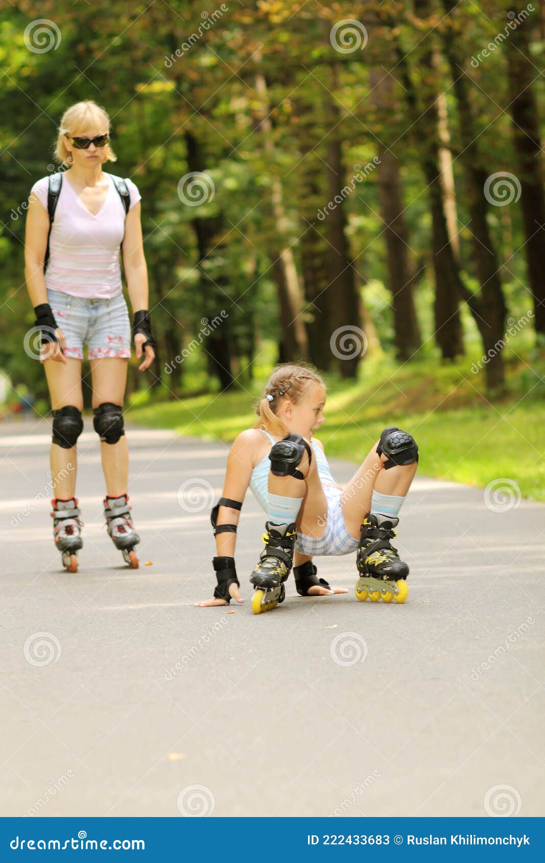 Mom and Daughter Ride on Roller Skates Stock Image - Image of happy ...
