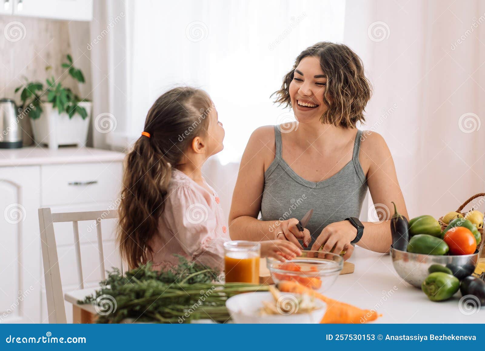 Mom and Daughter Smile and Cook Together Stock Image - Image of child ...