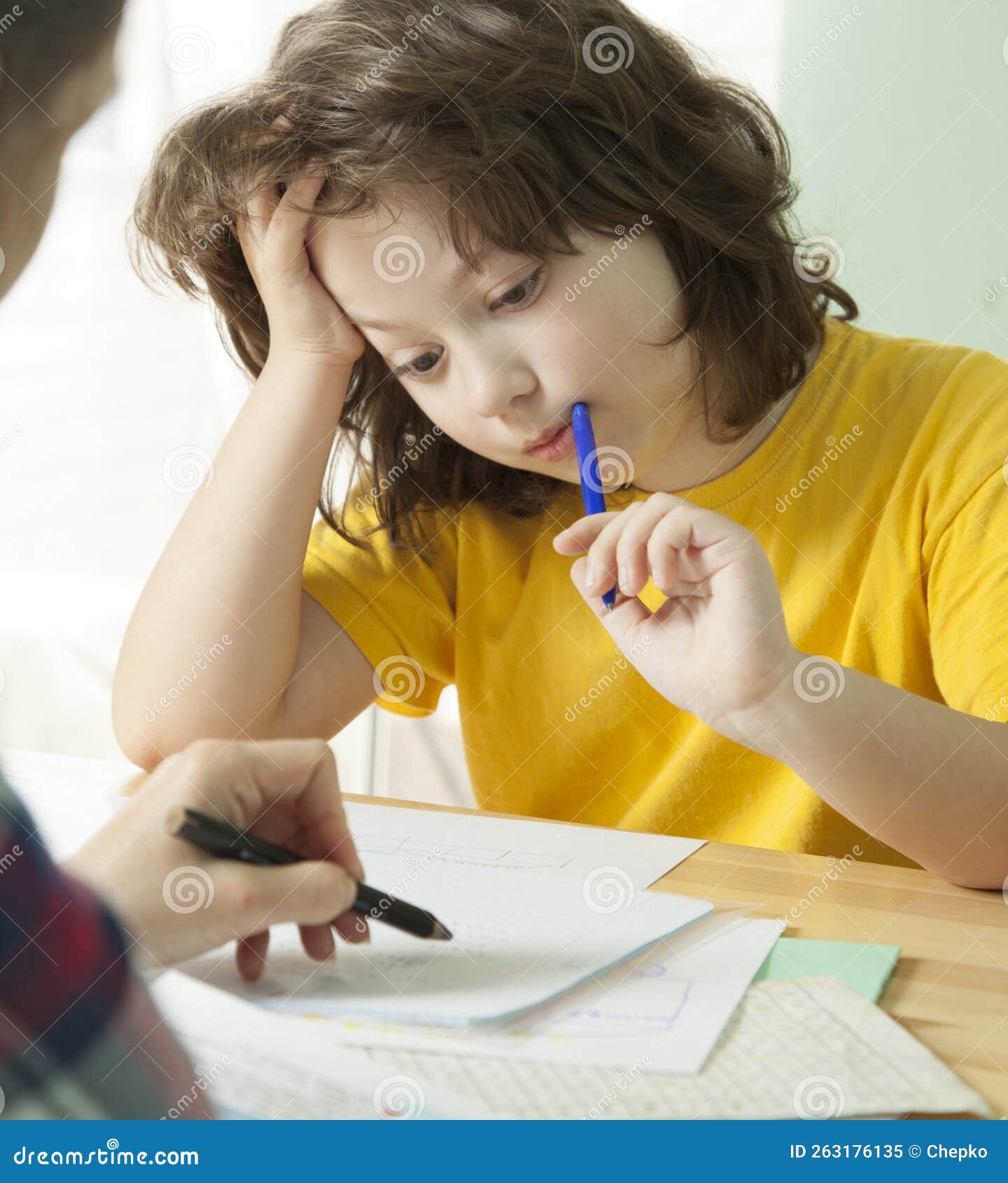 Mom Helps My Son To Do Difficult Homework, Unschooling Stock Image ...