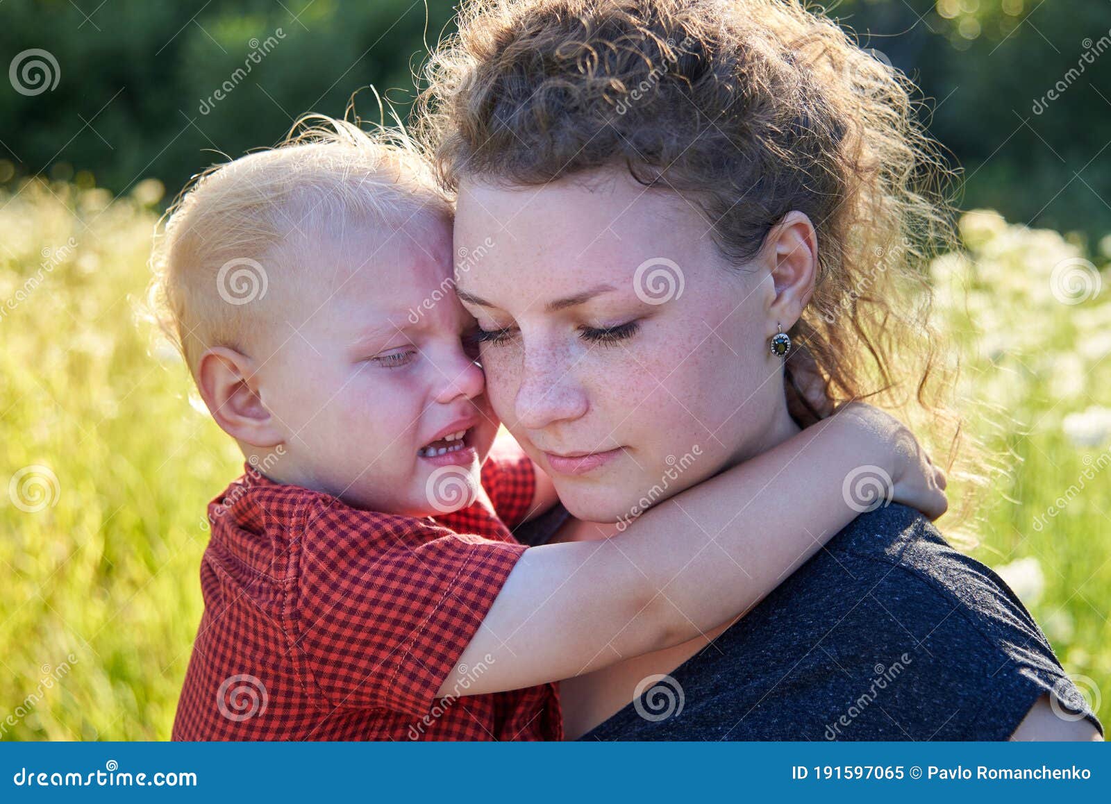 Mom Hugs Her Crying Two Years Old Son Stock Image - Image of nature ...