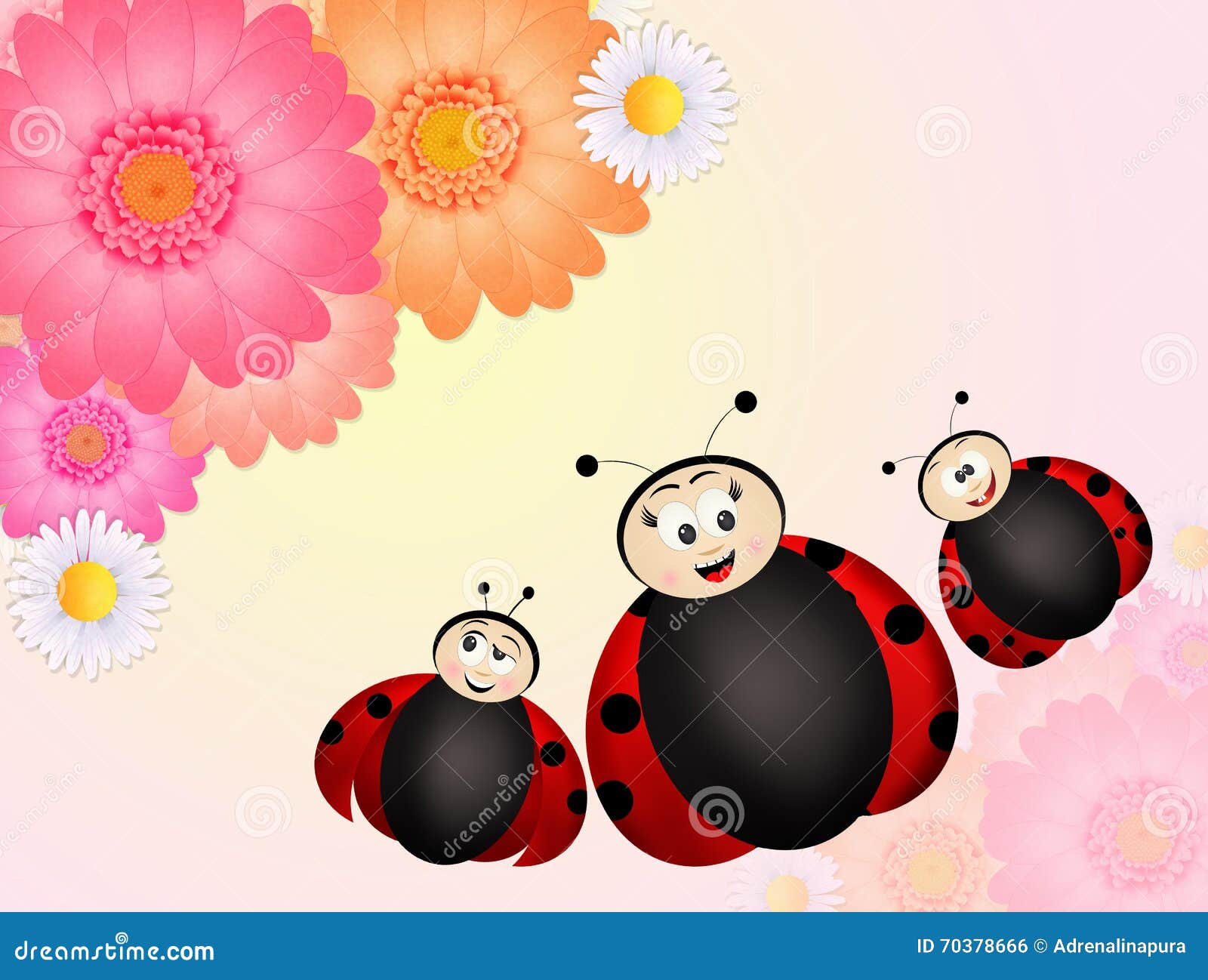 Mom ladybug on flowers stock illustration. Illustration of face - 70378666