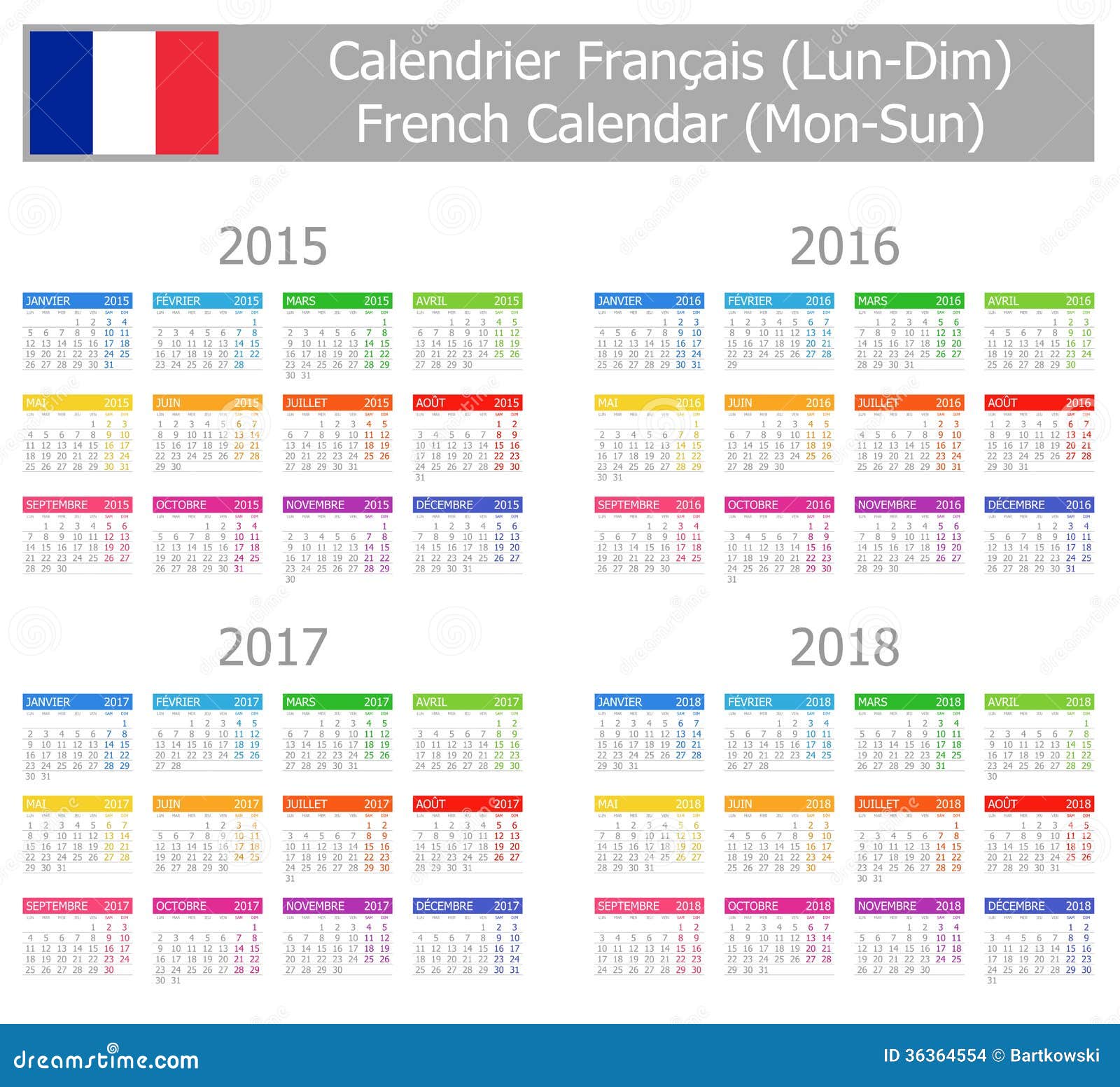 2015-2018 Mon-Zon Van De Type 1 De Franse Kalender Vector Illustratie ...