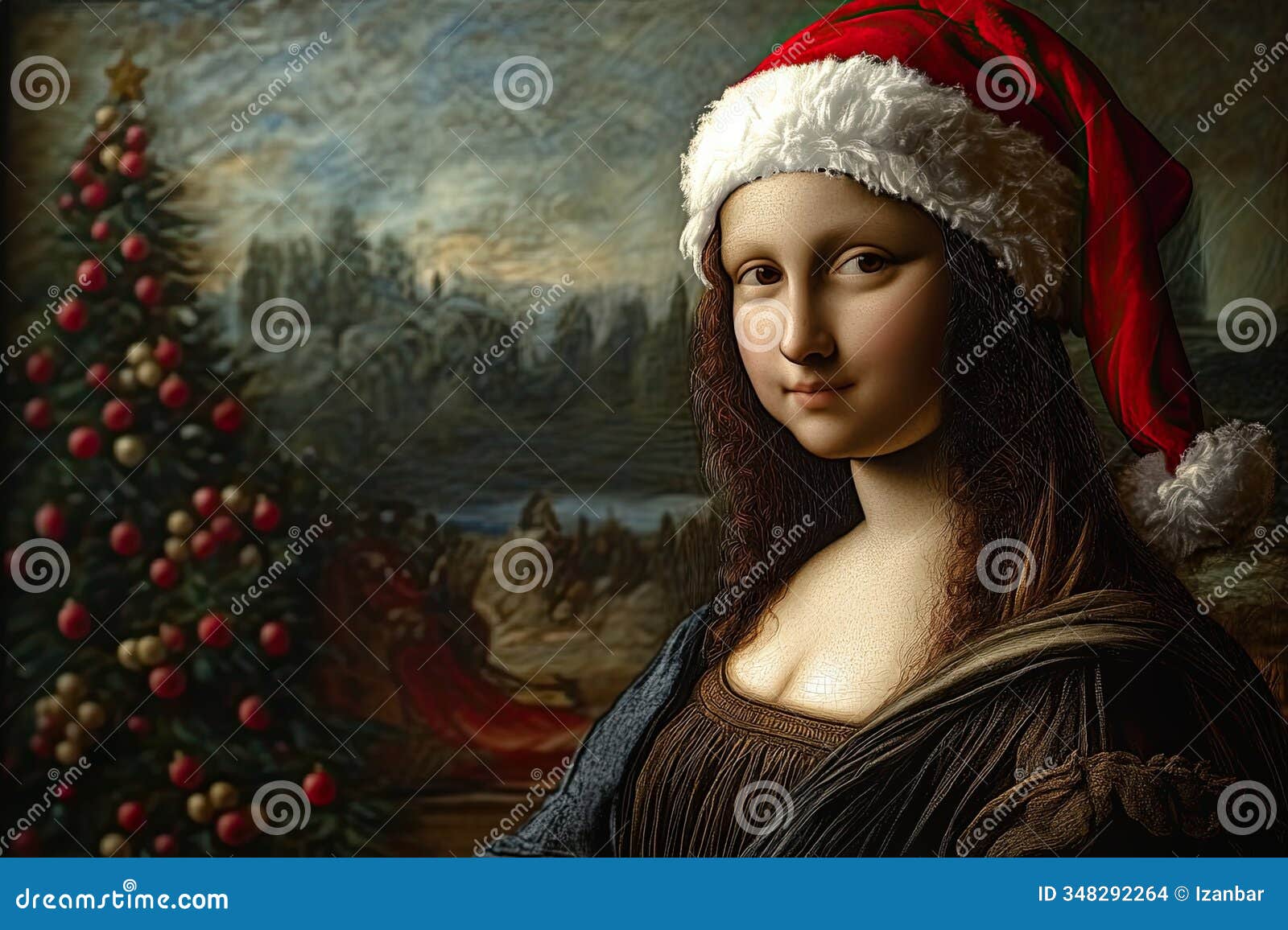 Mona Lisa with a Christmas Hat, Christmas Landscape Background Stock ...