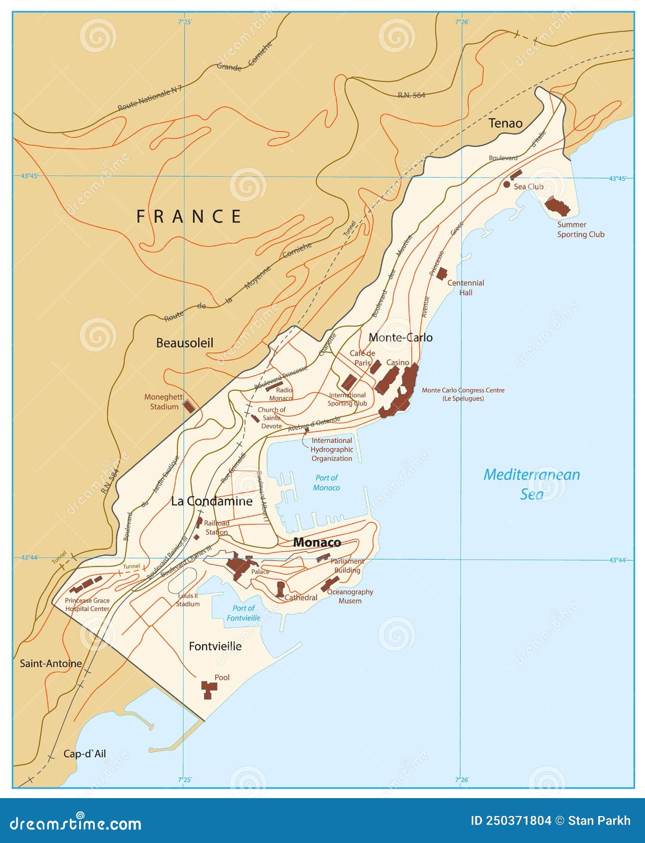 Monaco Detailed Map stock vector. Illustration of monaco - 250371804