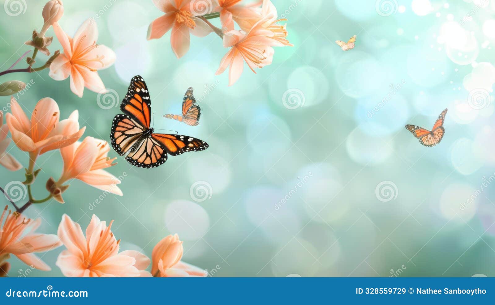Monarch Butterflies among Peach Blossoms Stock Illustration ...