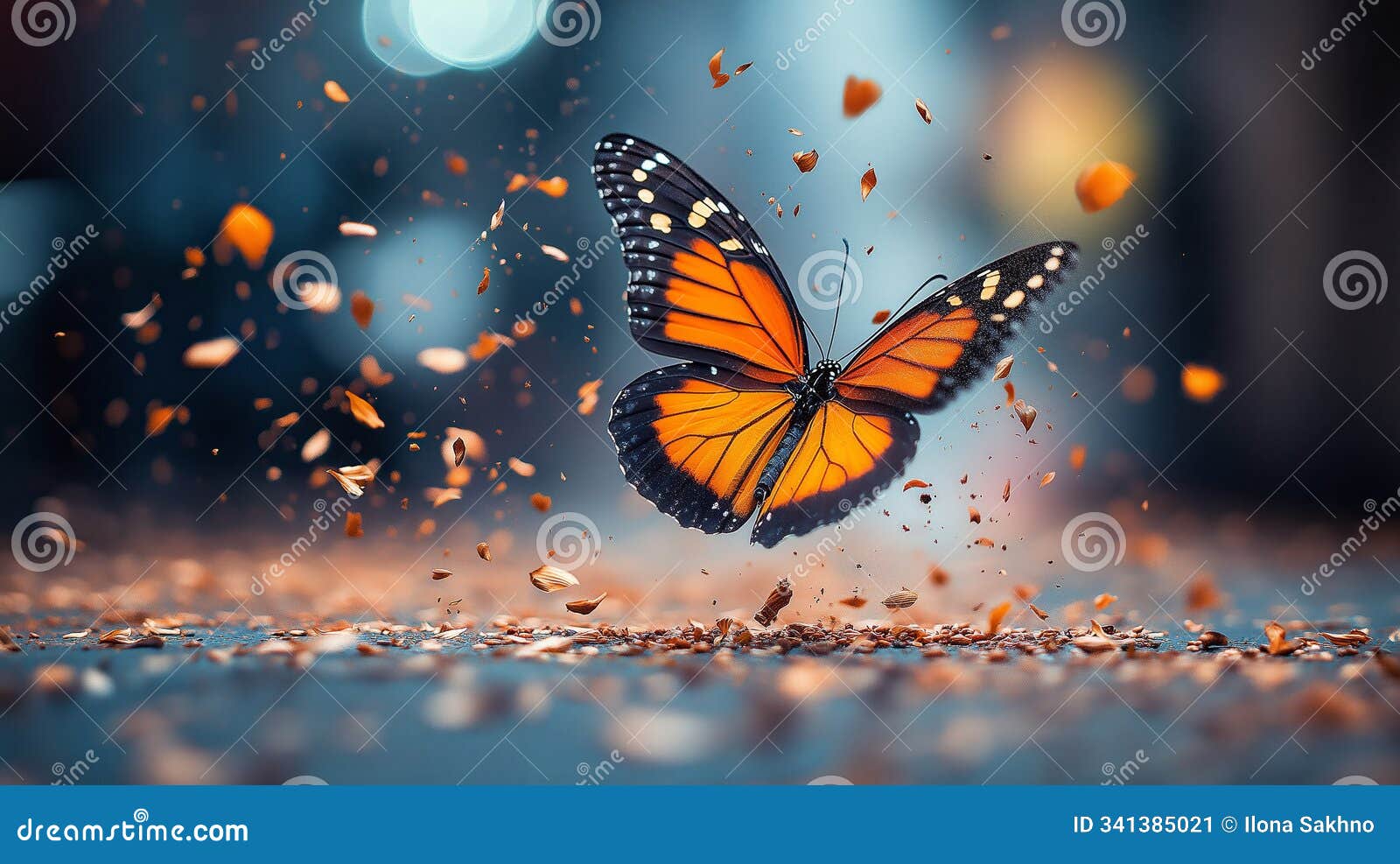 Monarch Butterfly Flying in Motion with Falling Leaves Stock ...
