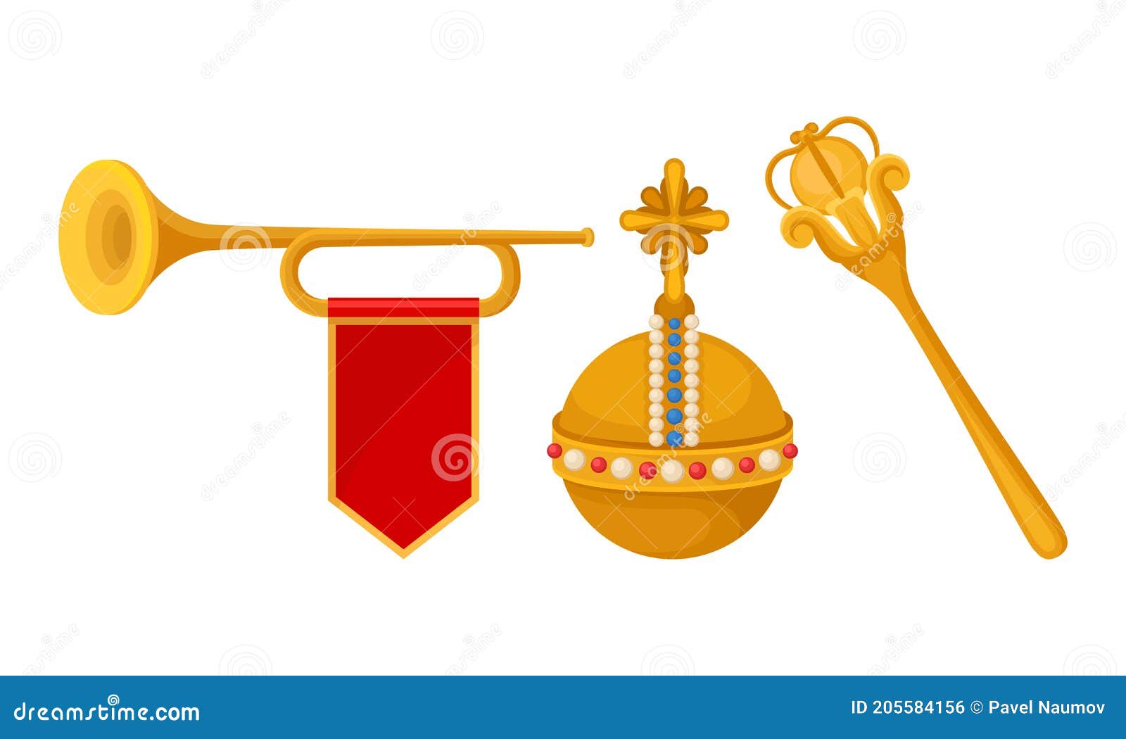 Monarchy Attributes with Golden Scepter and Trumpet Vector Set Stock ...