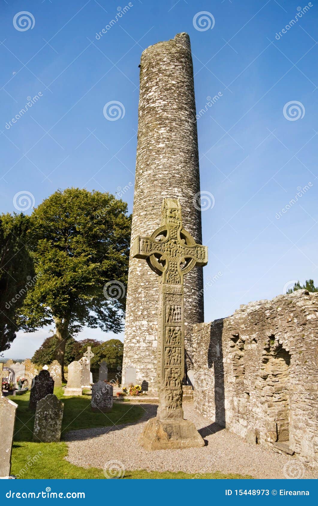 Monasterboice - Round Tower and High Cross Stock Image - Image of ...