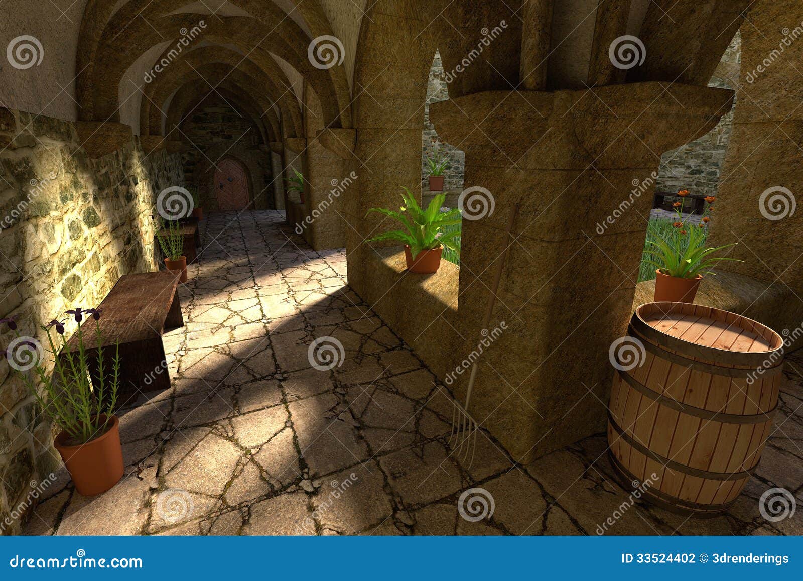 Monastery Courtyard on Sunny Day Stock Illustration - Illustration of ...