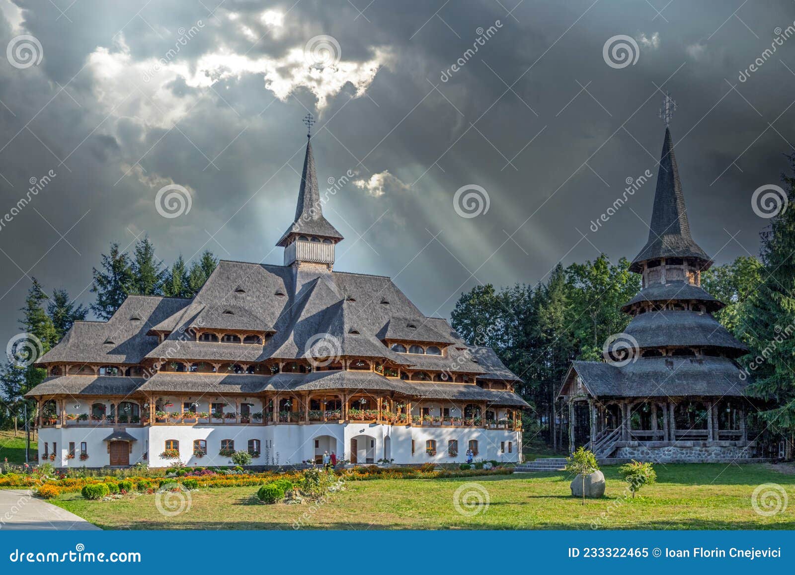 Wooden Buildings of Sapanta-Peri Monastery, Maramures, Romania Stock ...