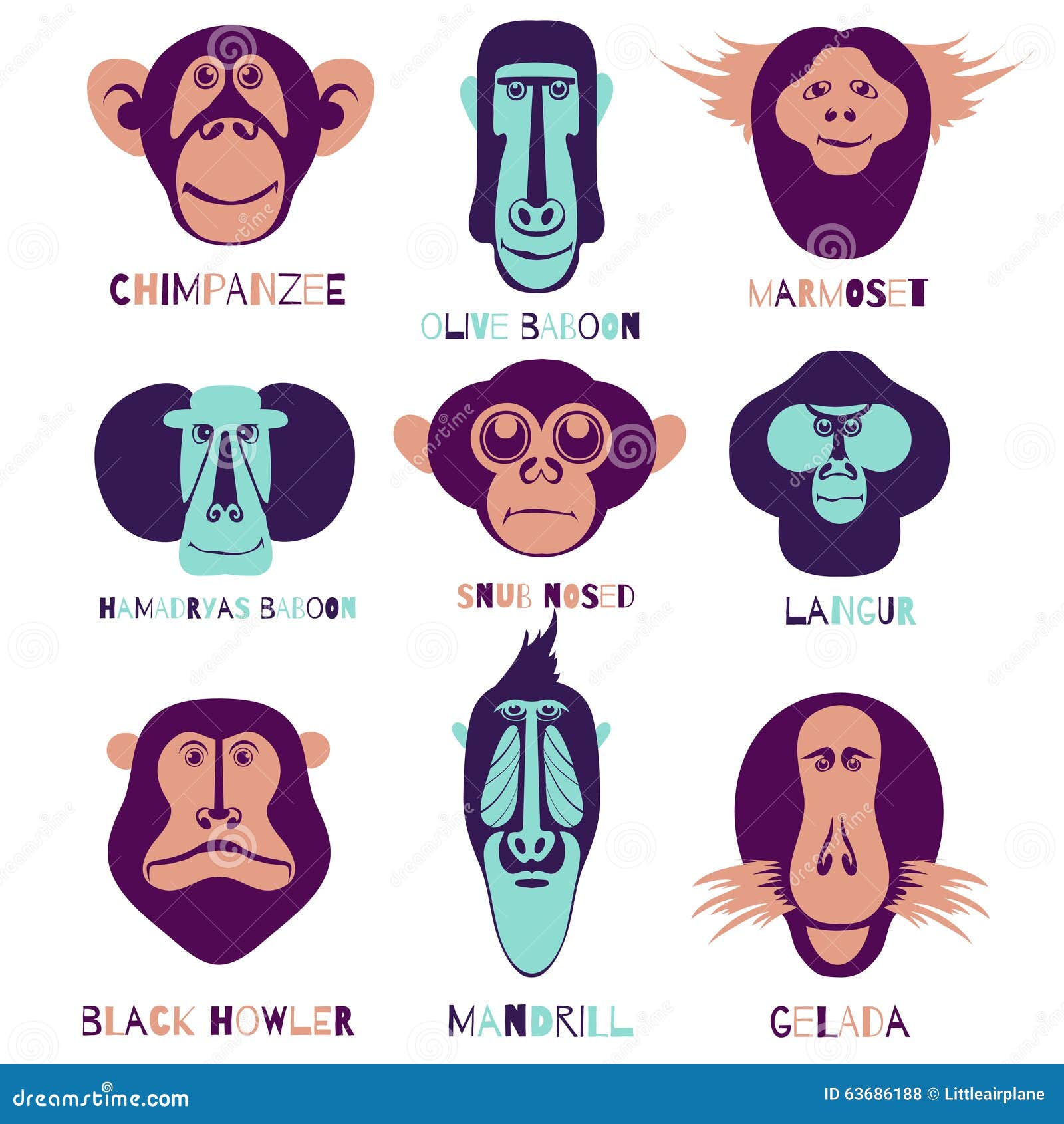 Monckey character set stock vector. Illustration of mandrill - 63686188