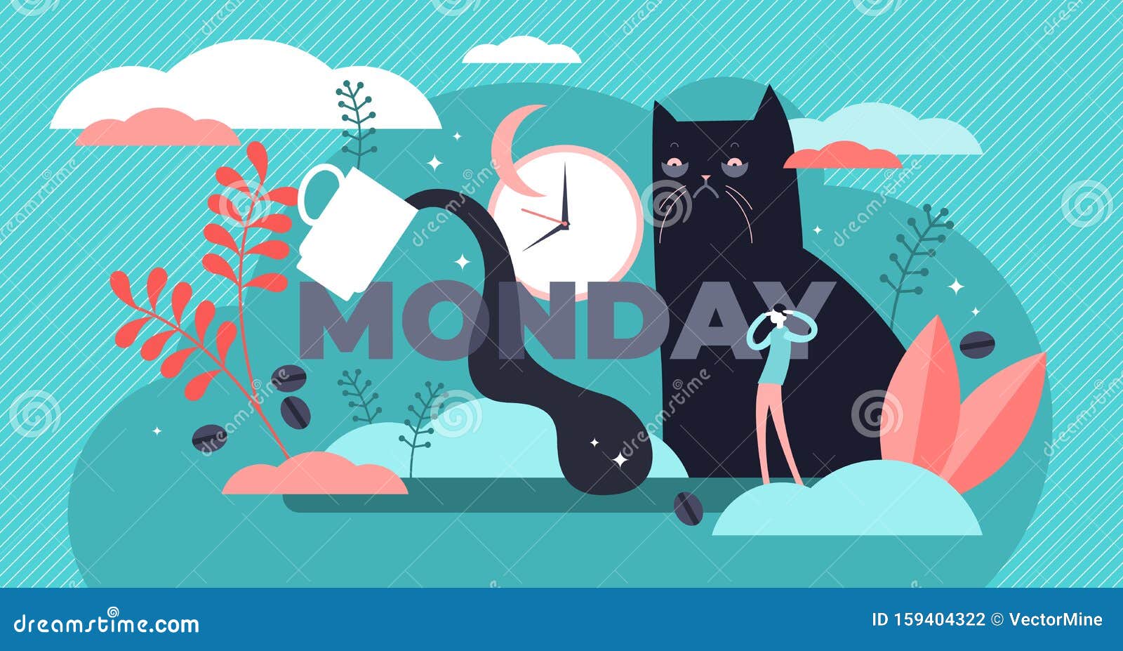 Monday Vector Illustration. Flat Tiny Sleepy Morning Symbol Persons ...