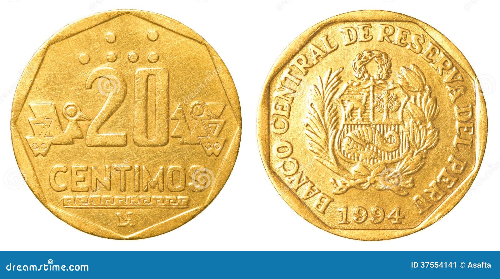 Moneda Peruana De 20 Del Nuevo Centimos Del Solenoide Imagen de archivo ...