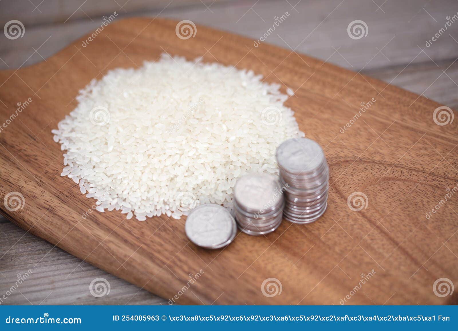 Monedas De Precios Del Arroz Y Arroz Imagen de archivo - Imagen de ...