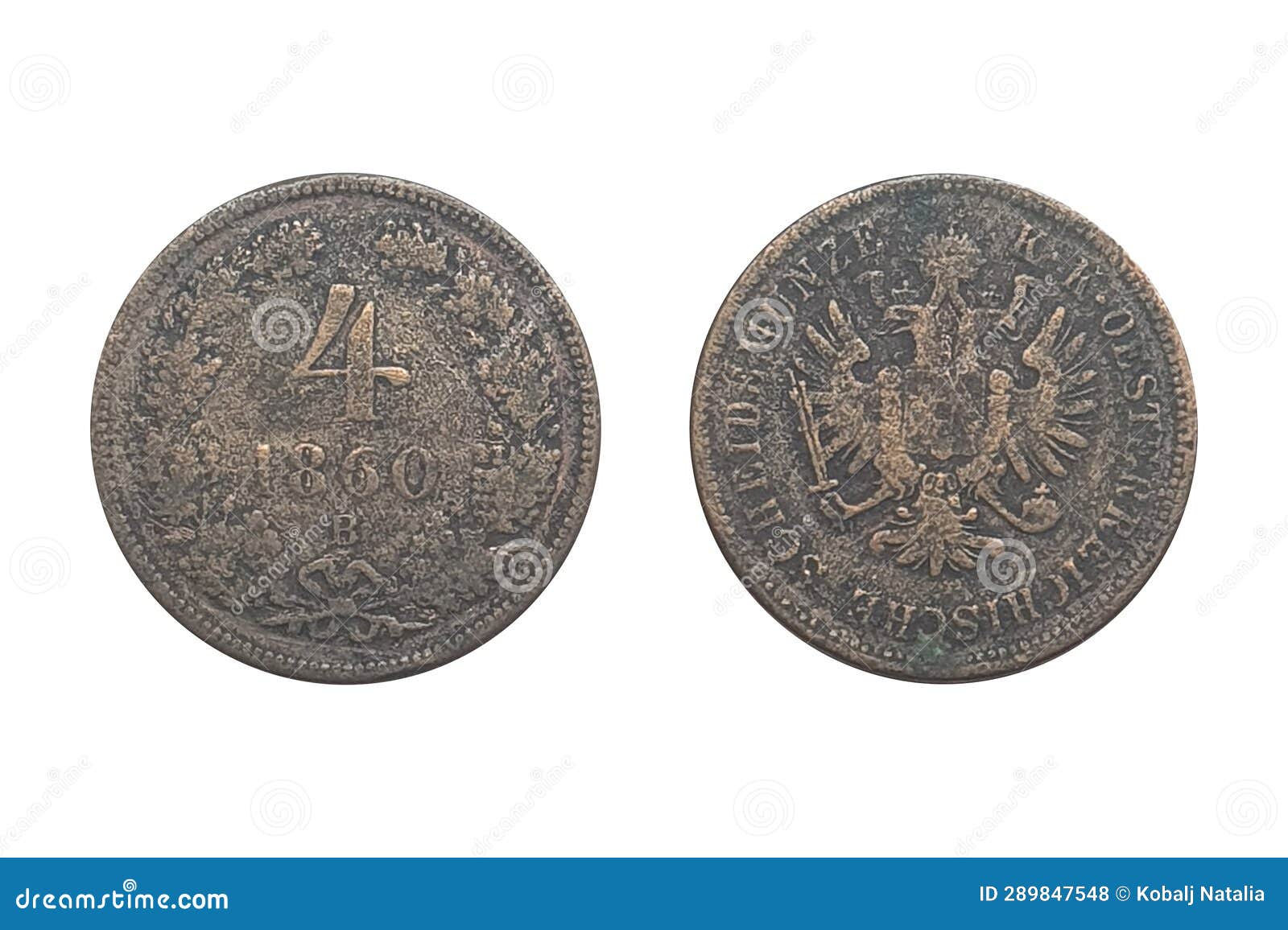 1860-B Austria 4 Kreuzer. Austrian 4 Kreuzers 1860 Coin B Stock ...