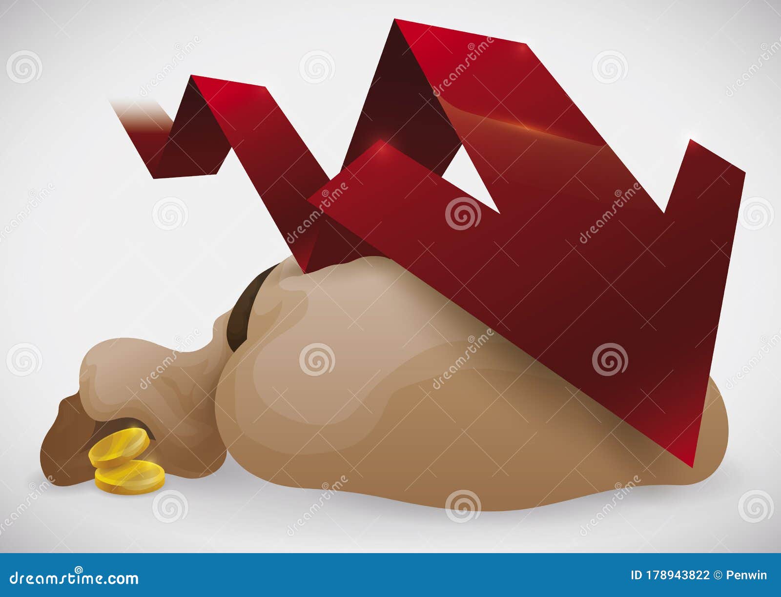 Money Bag with Coins Smashed by Falling Arrow, Vector Illustration ...