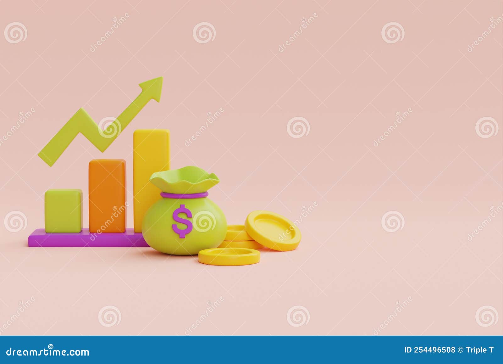 Money Bag with Golden Coins Stack and Bar Graph on Pastel Background ...