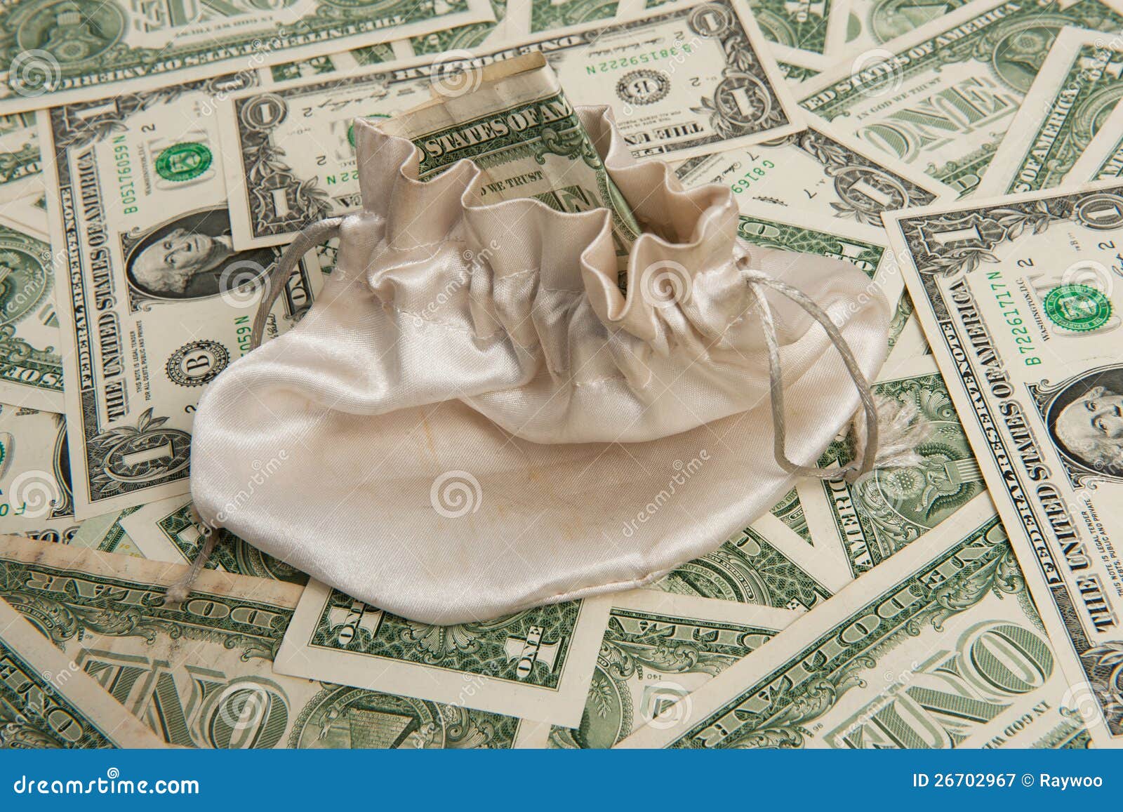 Money bag on paper money stock image. Image of concept - 26702967