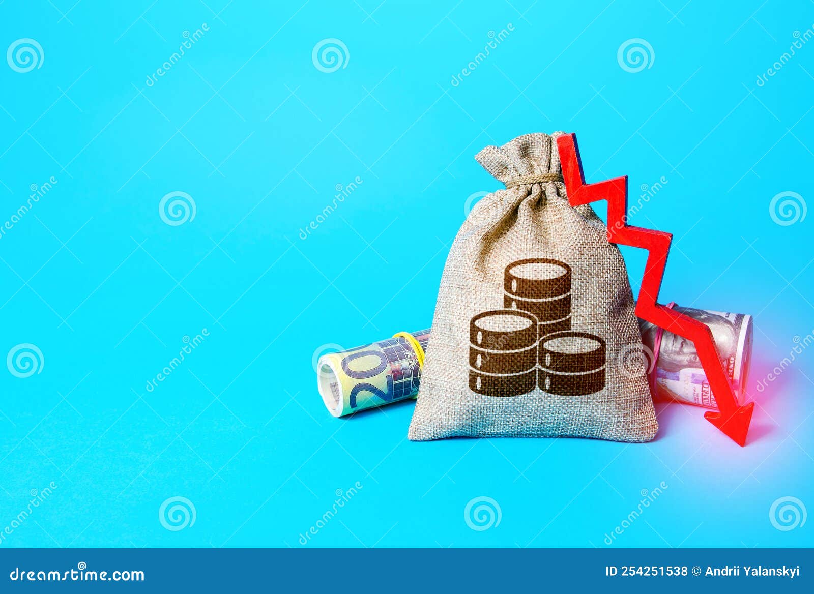 Money Bag and Red Arrow Down. Falling Economy. Decrease in Interest Rate Deposit Rate. Inflation ...