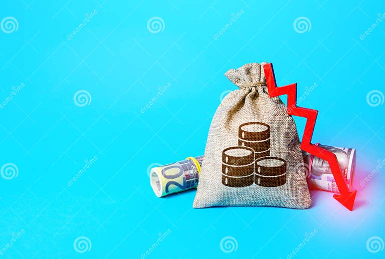 Money Bag and Red Arrow Down. Falling Economy. Decrease in Interest ...