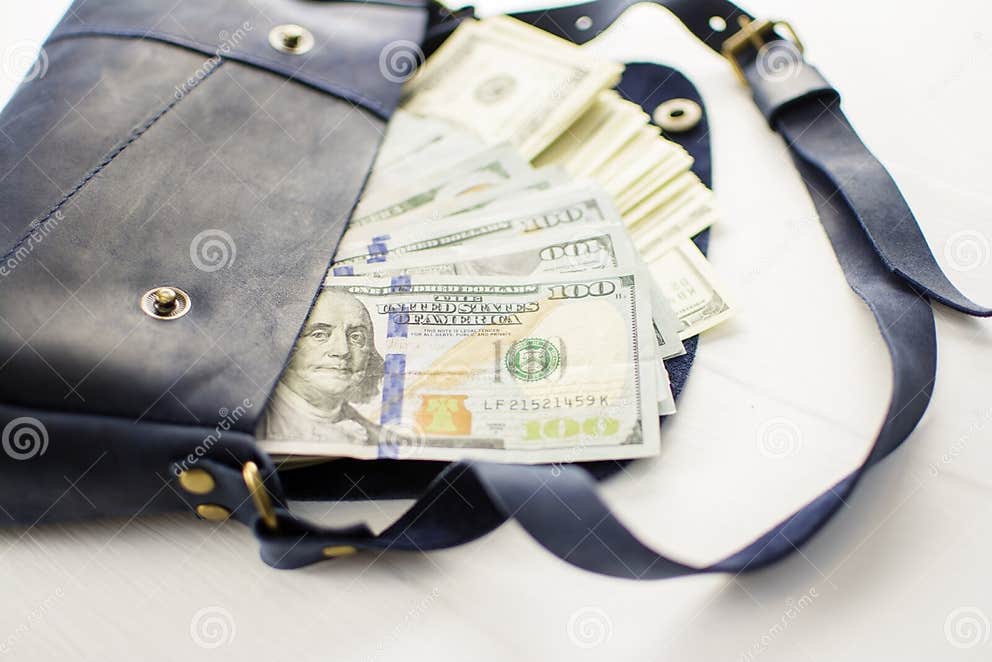 Money in Bag on White Background. Stock Image - Image of leather, blue ...