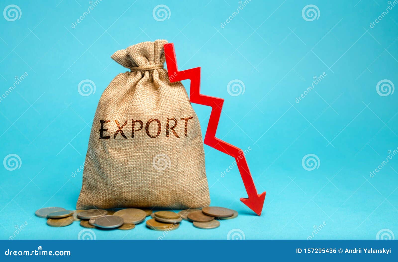 Money Bag with the Word Export and Down Arrow. Decrease in Export ...