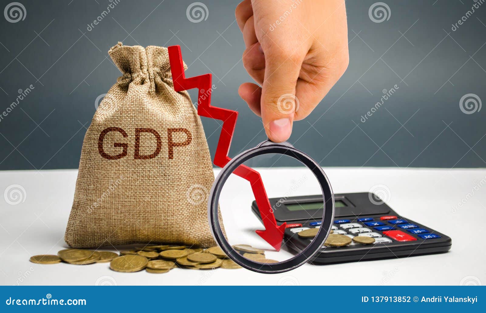 Money Bag with the Word GDP and Down Arrow. Decline and Decrease of GDP ...