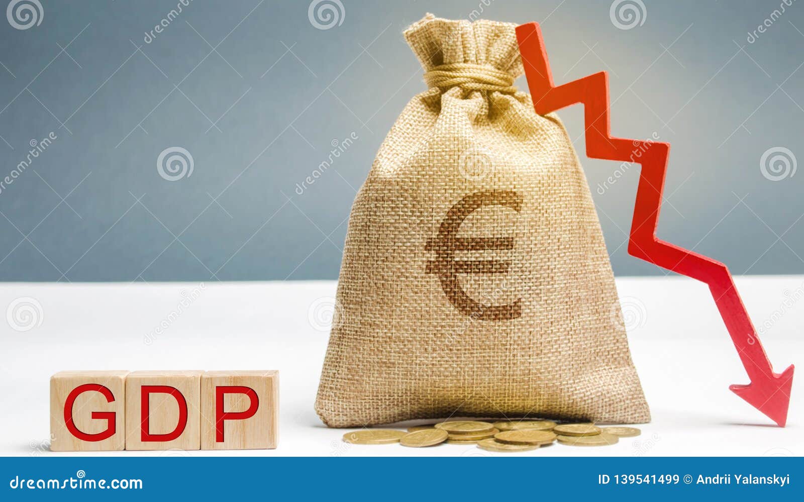 Money Bag with the Word GDP and Down Arrow. Decline and Decrease of GDP ...