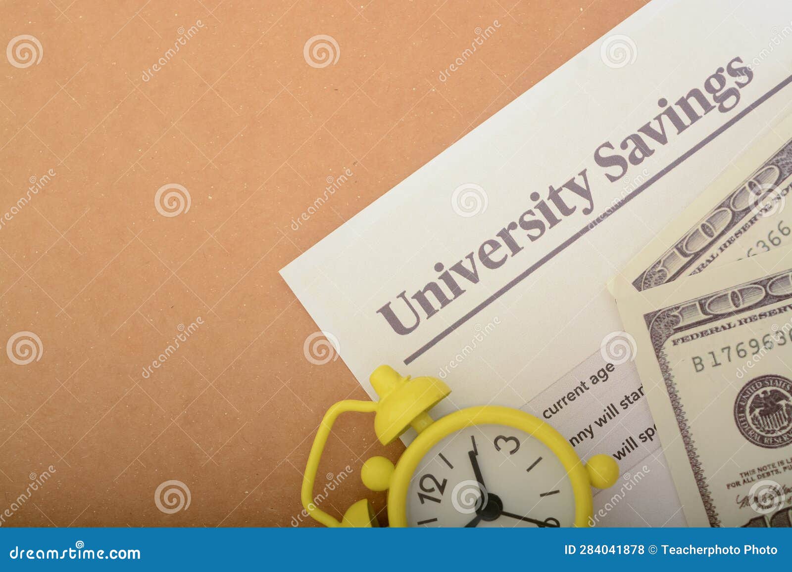 Money Banknotes, Clock and University Savings Paper Sheet Stock Photo ...