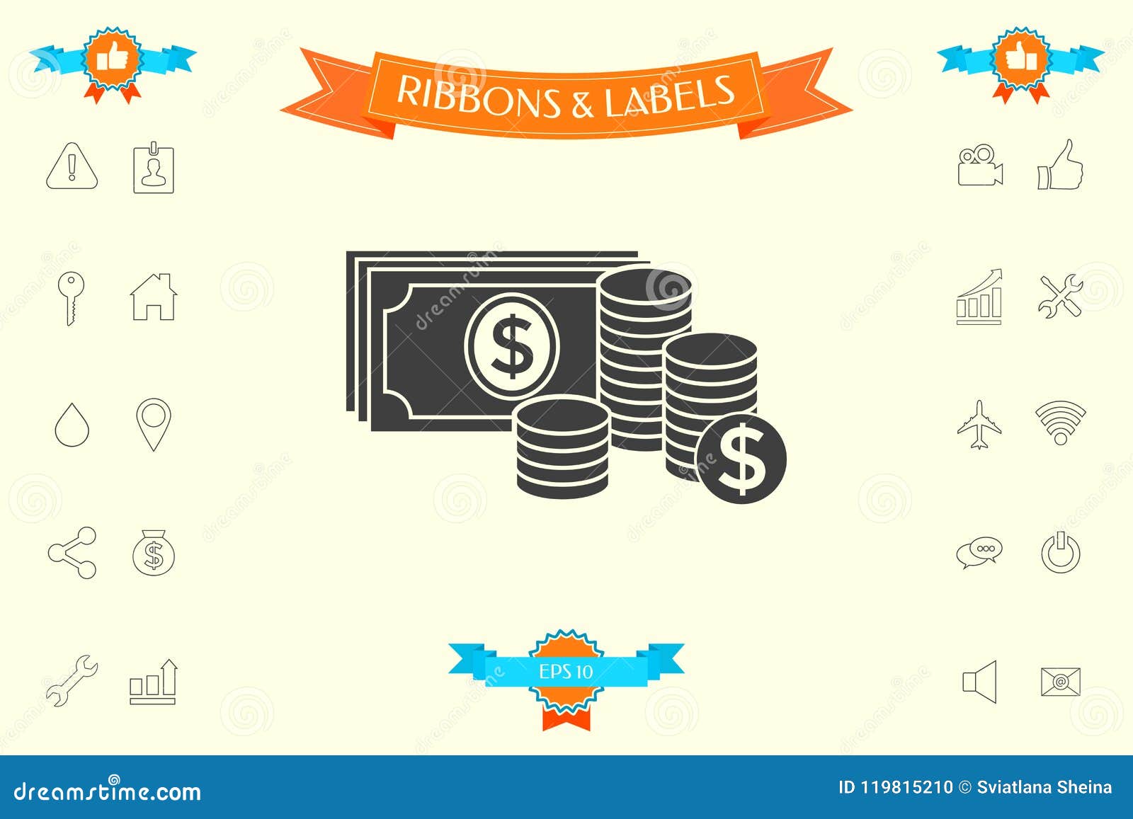 Money Banknotes Stack and Stack of Coins Icon with Dollar Symbol Stock ...