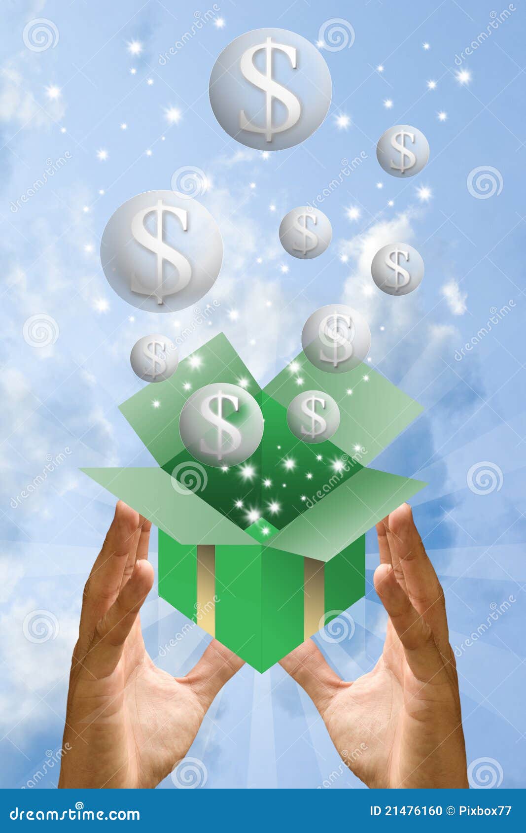 Money Bubble Flying from Gift Box with Sky Stock Illustration ...