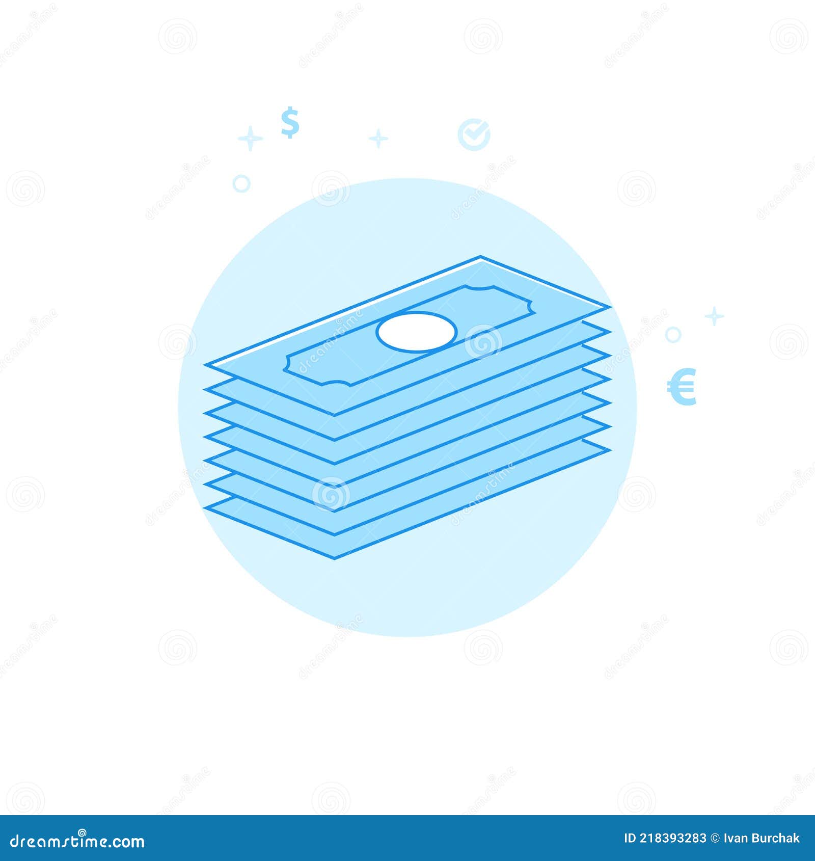 Money Bundle Flat Vector Illustration, Icon. Light Blue Monochrome ...