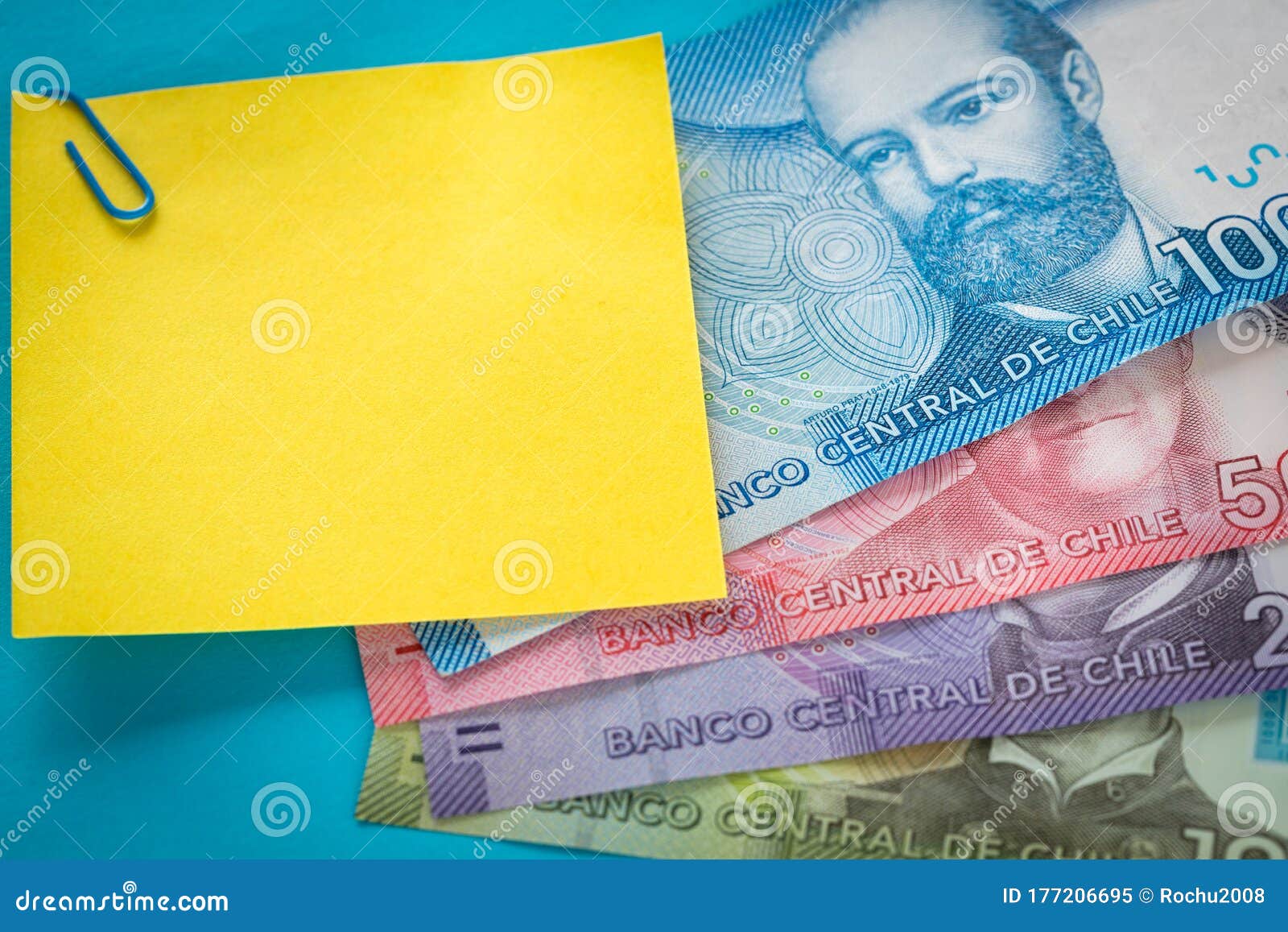 Chile Money, Banknotes with Yellow Sticky Note for Your Own Notes Stock ...
