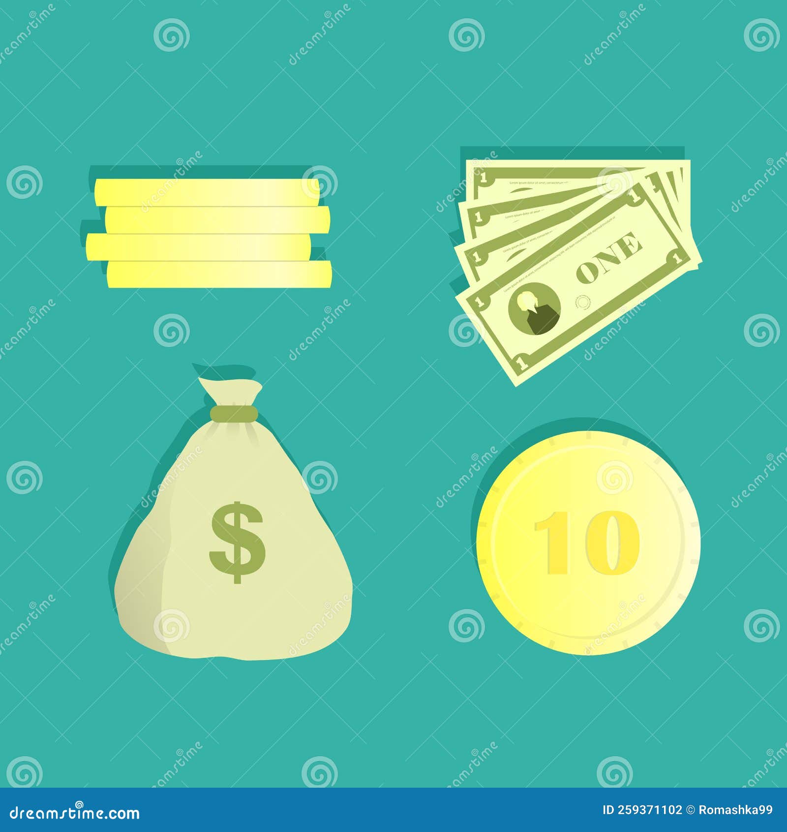 Money and Coin Icon Set Colored in Flat Style. Vector Illustration ...