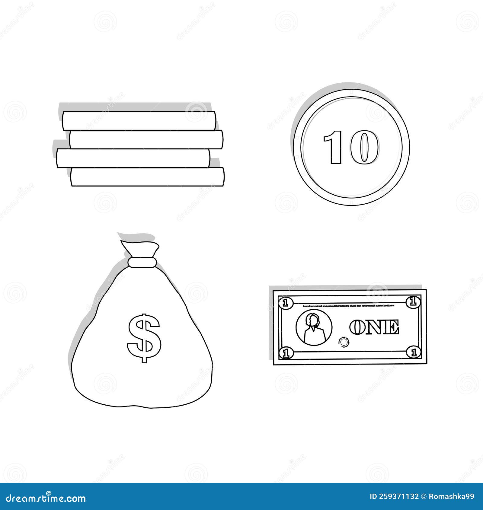 Money and Coin Icon Set Outline. Vector Illustration. Stock Vector ...