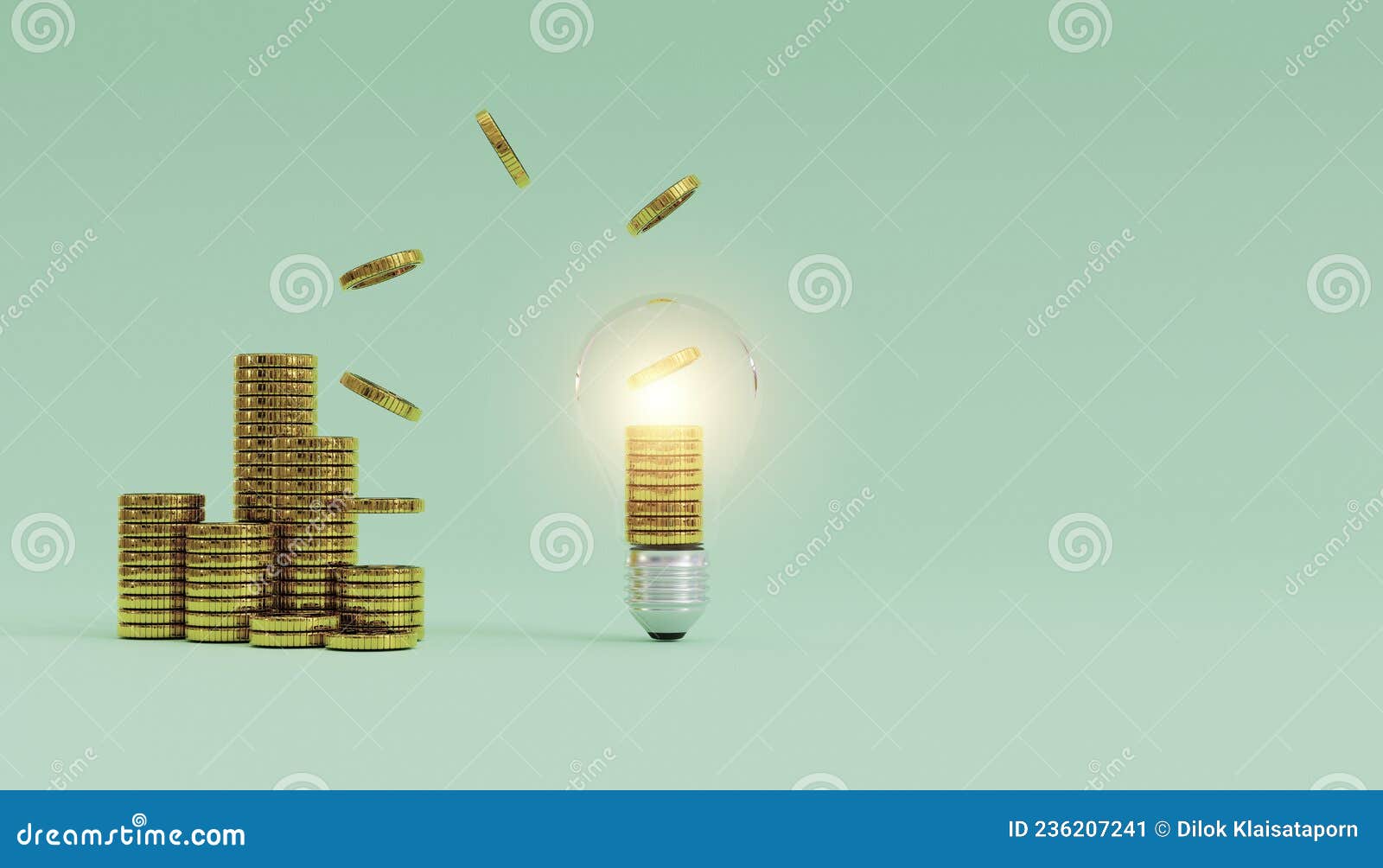 Money Coins Flying from Glowing Lightbulb and Make Heap of Coins on ...