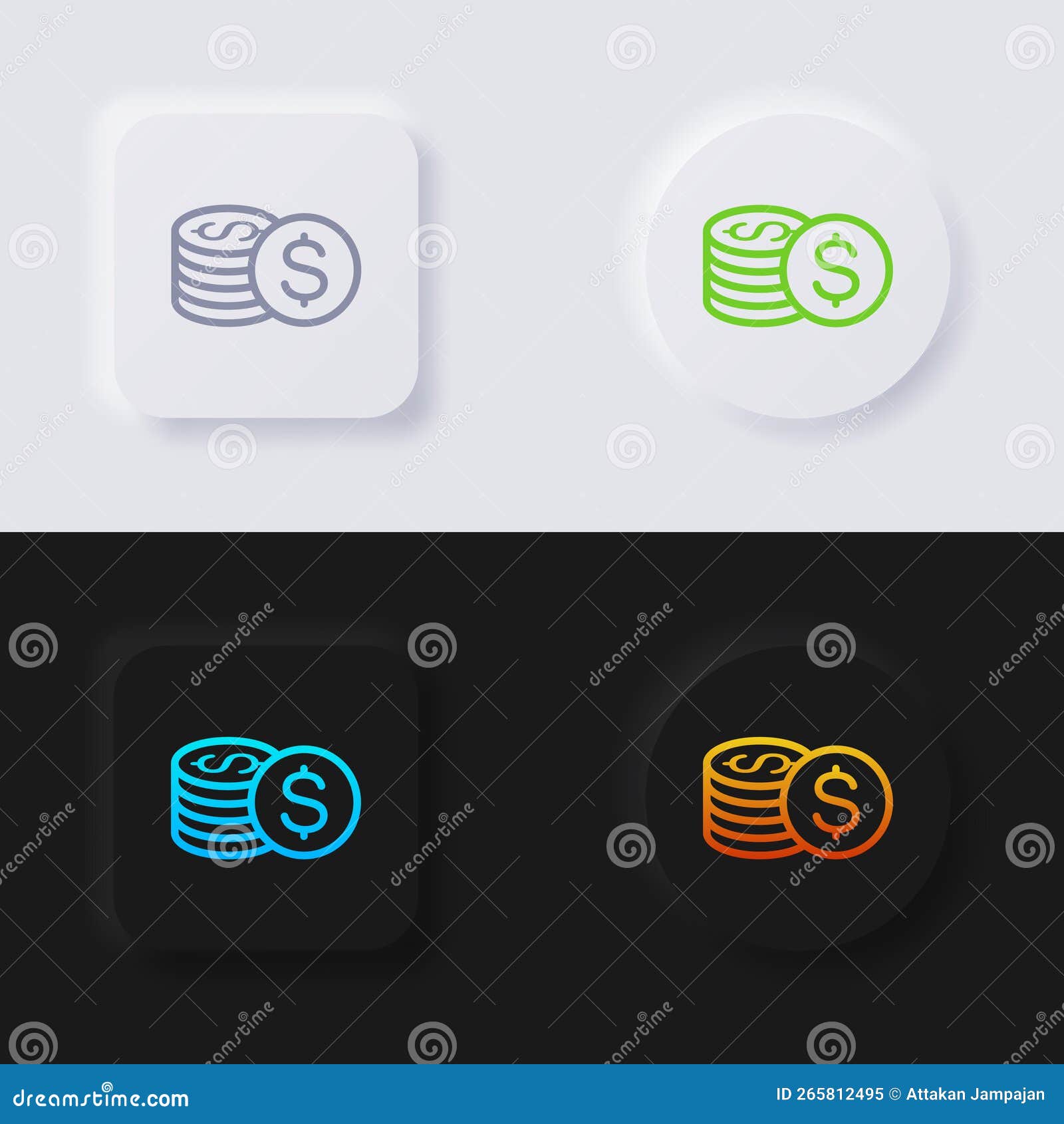 Money Coins Icon Set, Multicolor Neumorphism Button Soft UI Design ...
