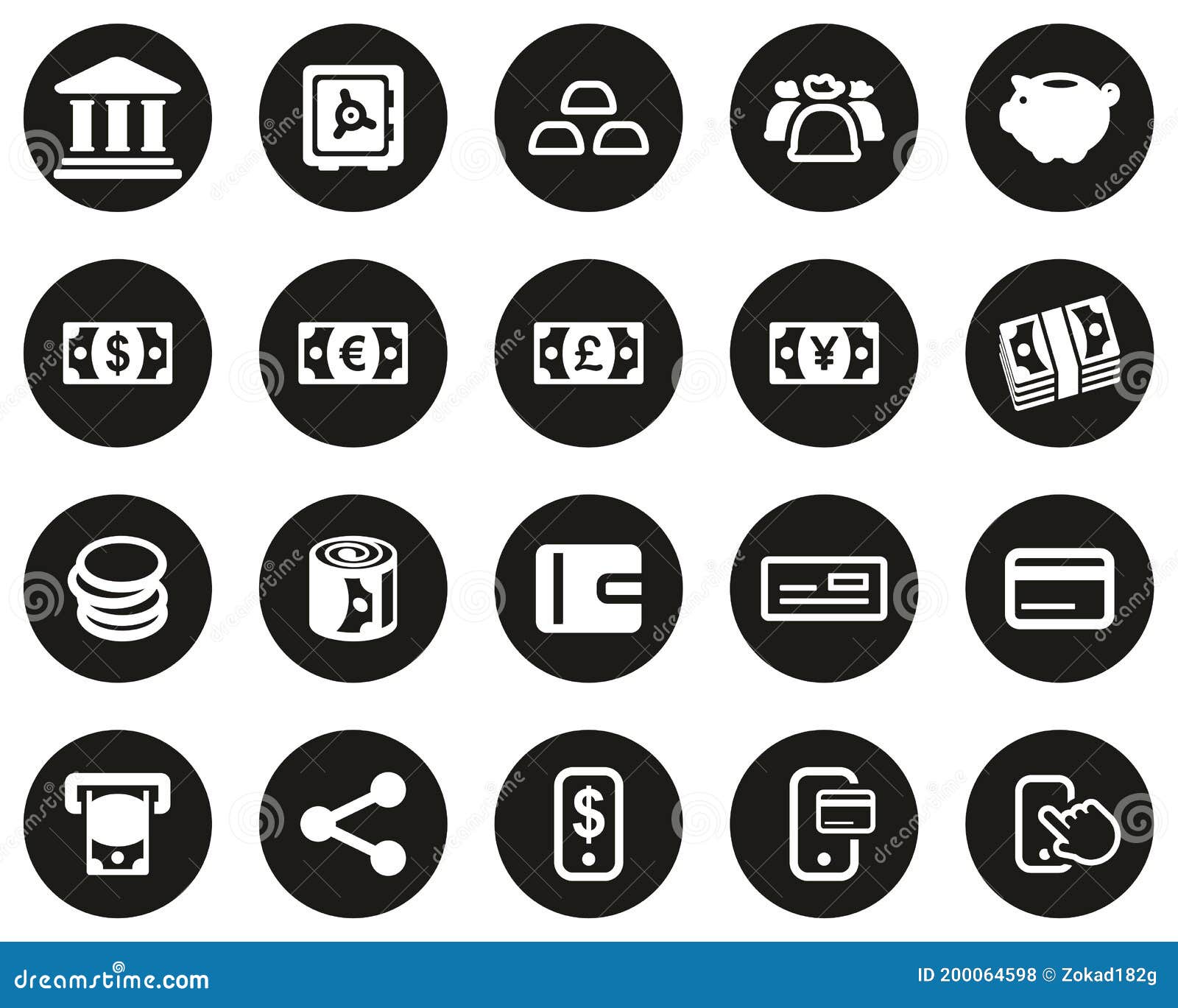 Money or Currency Icons White on Black Flat Design Circle Set Big Stock ...