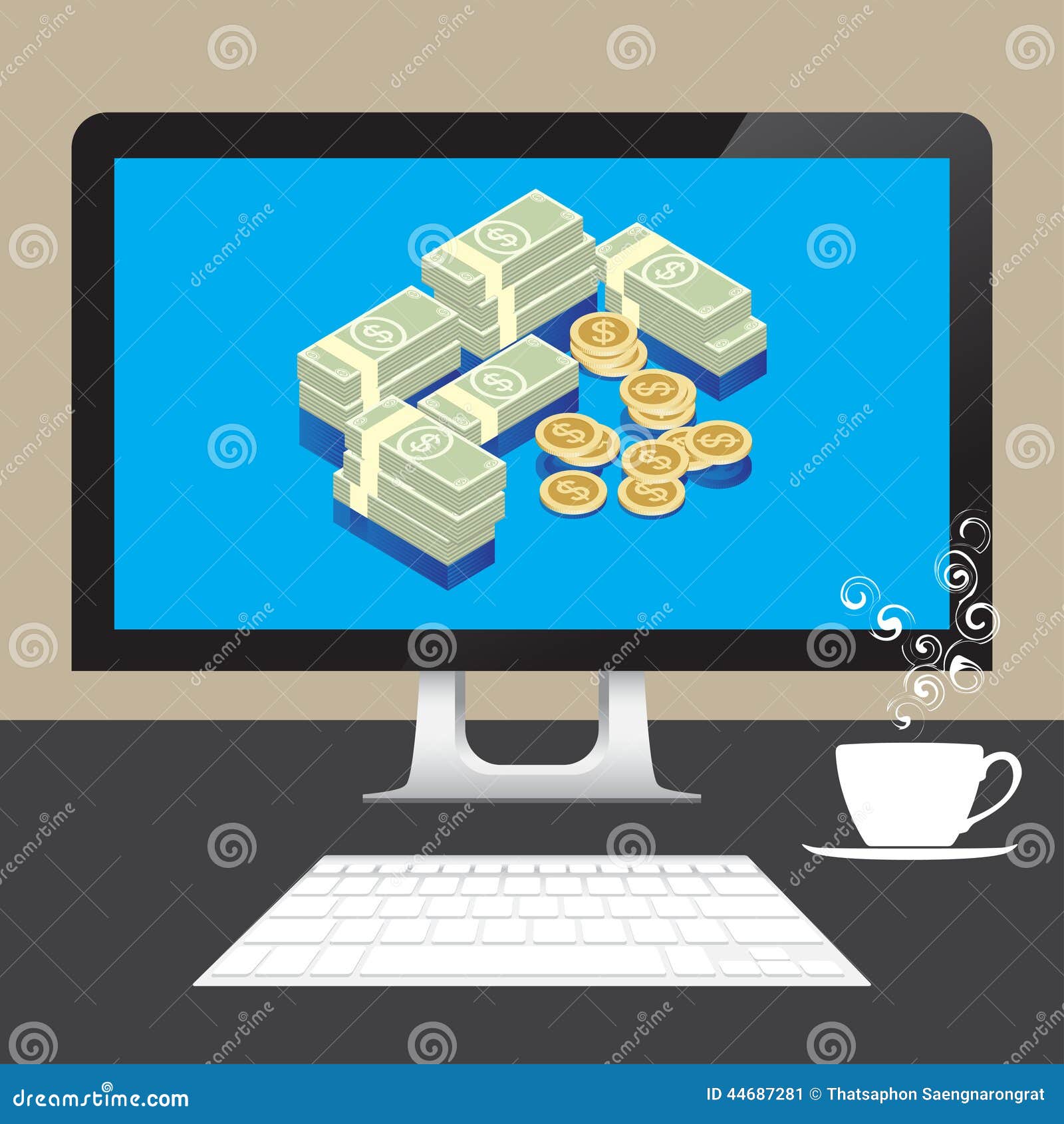 Money Dollars Online from Desktop Computer on Table Stock Vector ...