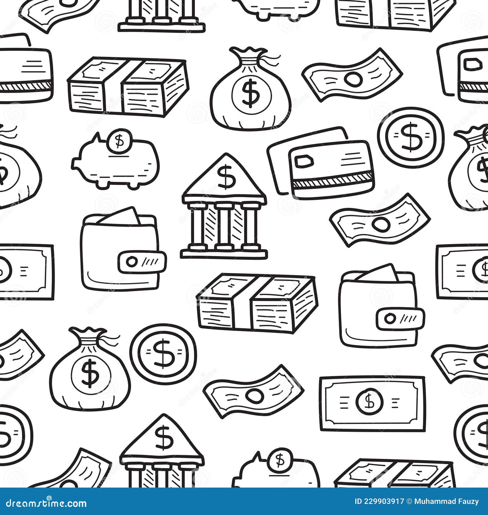Money Doodle Seamless Pattern with Black Color Stock Vector ...