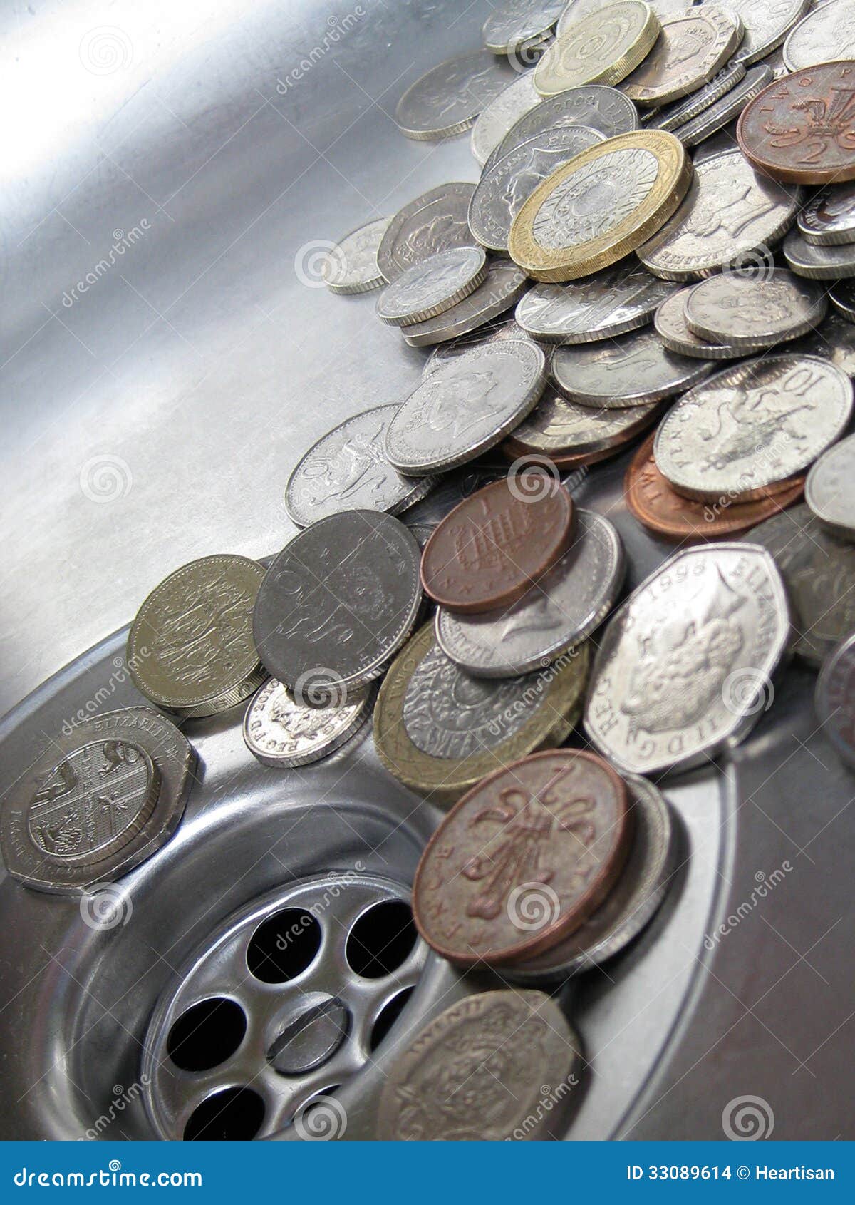 Money down the drain stock photo. Image of money, pennies - 33089614