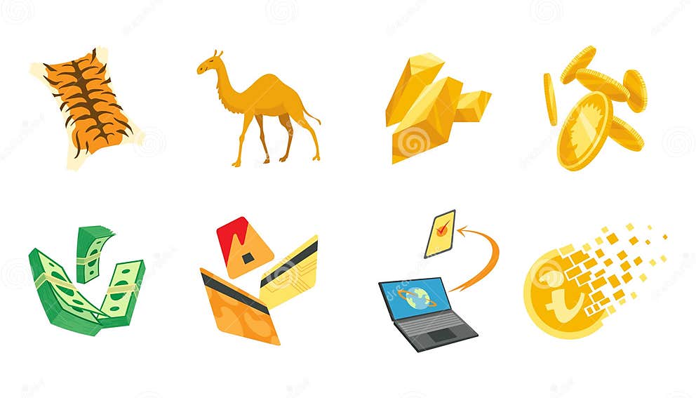 Money Evolution Icon Set. History and Development from Barter To ...