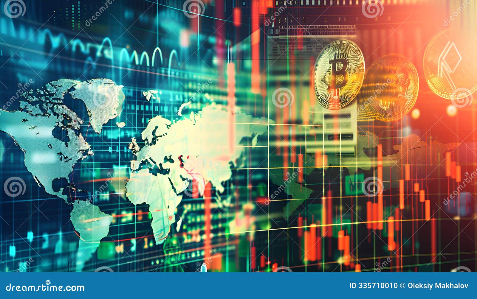 Money Exchange. Multiple Exposure with Dollar Banknotes, Coins, Digital ...