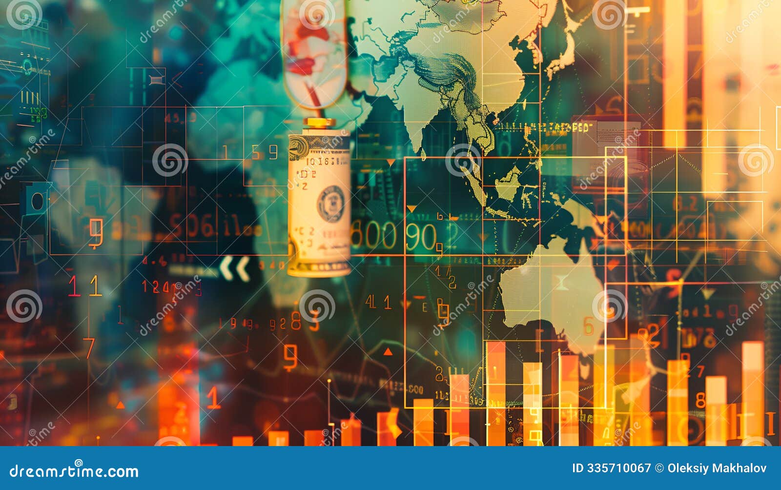 Money Exchange. Multiple Exposure with Dollar Banknotes, Coins, Digital ...