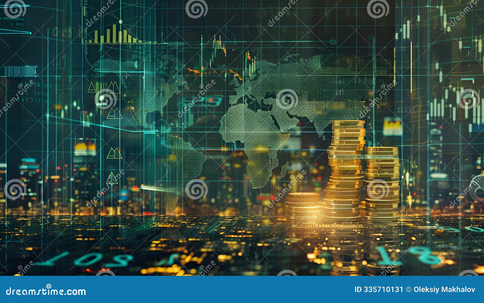 Money Exchange. Multiple Exposure with Dollar Banknotes, Coins, Digital ...