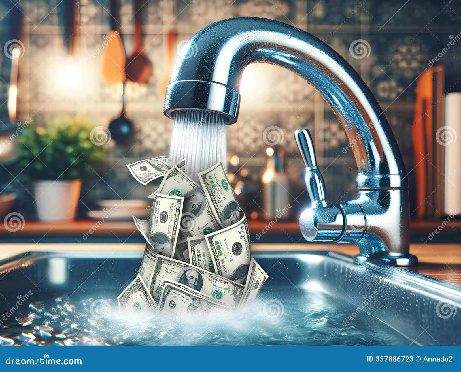 Money Flowing from an Open Tap, Saving Water Stock Illustration ...