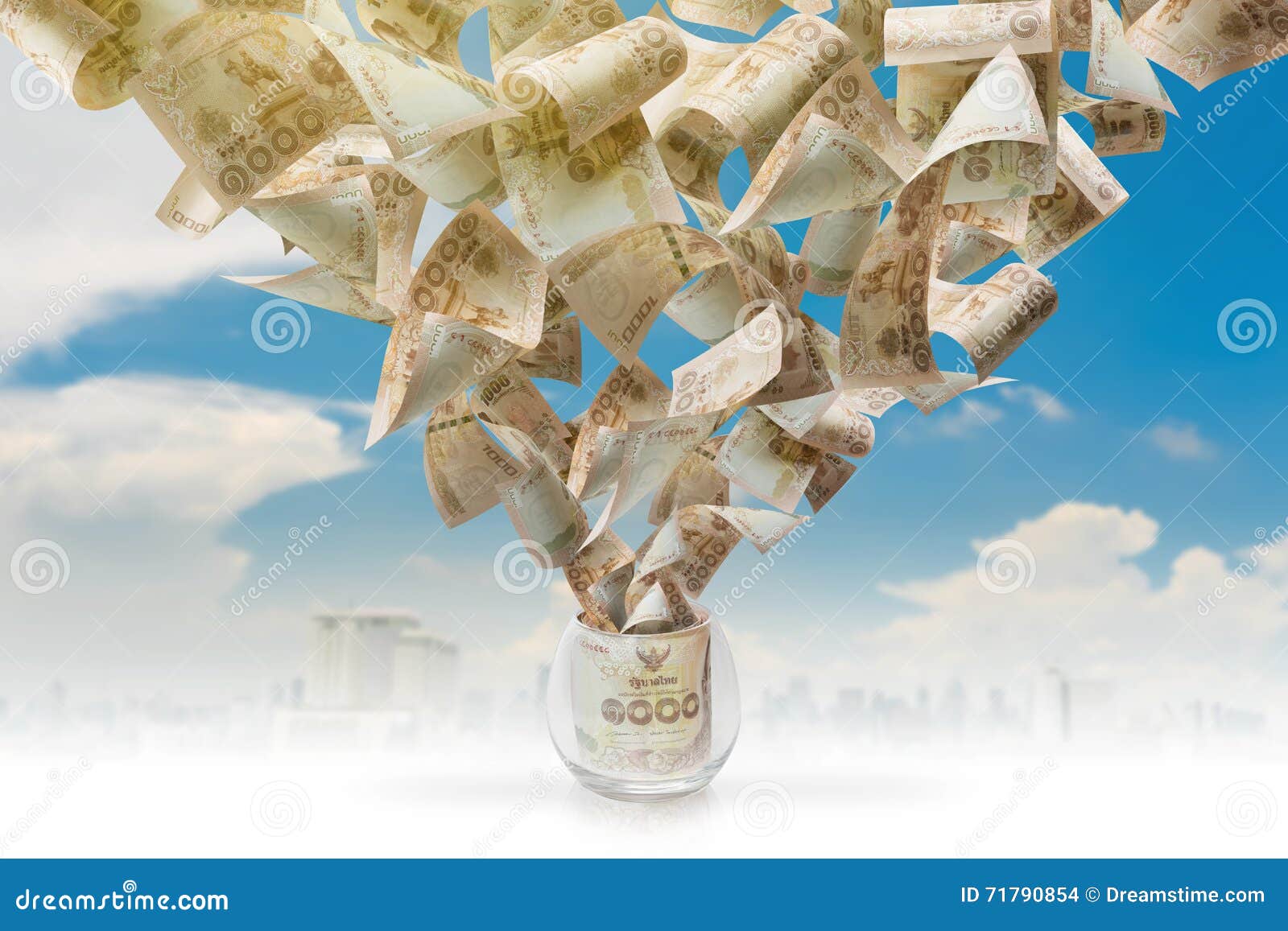 Money Flying Out of Glass in the Blue Sky Stock Photo - Image of ...